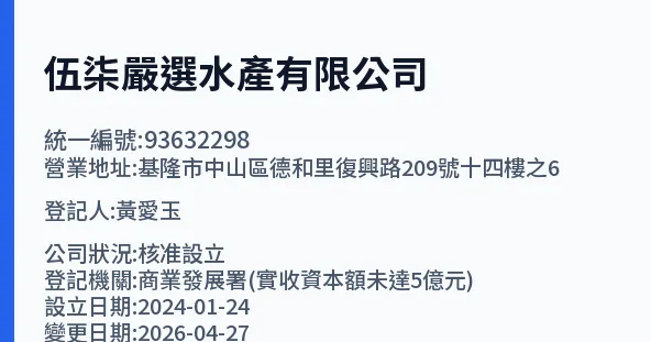 伍柒嚴選水產有限公司的照片-統編 93632298(基隆市) 公司登記資料與營業項目詳細圖表
