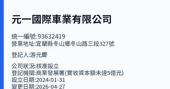 元一國際車業有限公司的照片-統編 93632419(宜蘭縣) 公司登記資料與營業項目詳細圖表