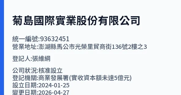 菊島國際實業股份有限公司的照片-統編 93632451(澎湖縣) 公司登記資料與營業項目詳細圖表