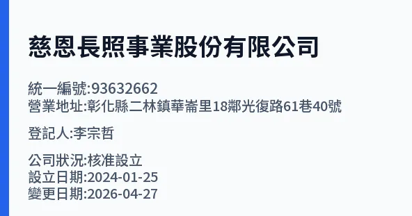 慈恩長照事業股份有限公司的照片-統編 93632662(彰化縣) 公司登記資料與營業項目詳細圖表