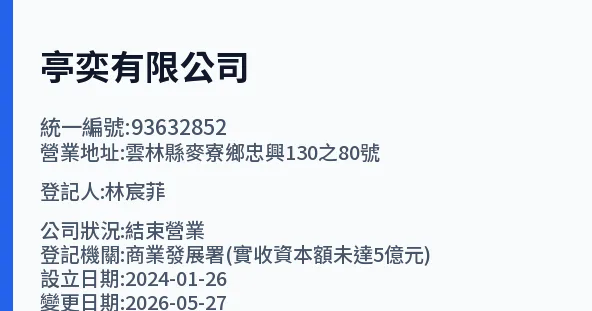 亭奕有限公司的照片-統編 93632852(雲林縣) 公司登記資料與營業項目詳細圖表