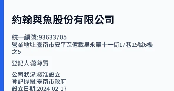約翰與魚股份有限公司的照片-統編 93633705(臺南市) 公司登記資料與營業項目詳細圖表