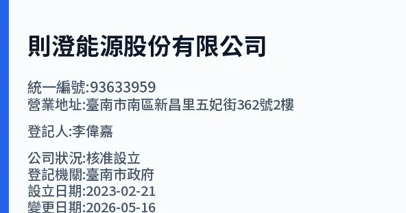 則澄能源股份有限公司的照片-統編 93633959(臺南市) 公司登記資料與營業項目詳細圖表
