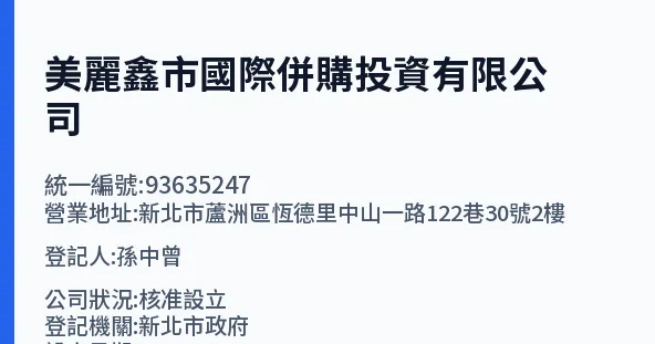 美麗鑫市國際併購投資有限公司的照片-統編 93635247(新北市) 公司登記資料與營業項目詳細圖表