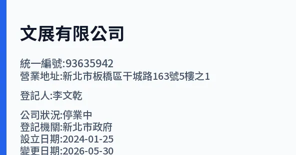 文展有限公司的照片-統編 93635942(新北市) 公司登記資料與營業項目詳細圖表