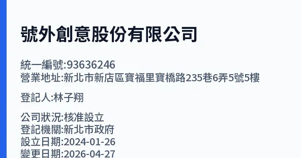 號外創意股份有限公司的照片-統編 93636246(新北市) 公司登記資料與營業項目詳細圖表