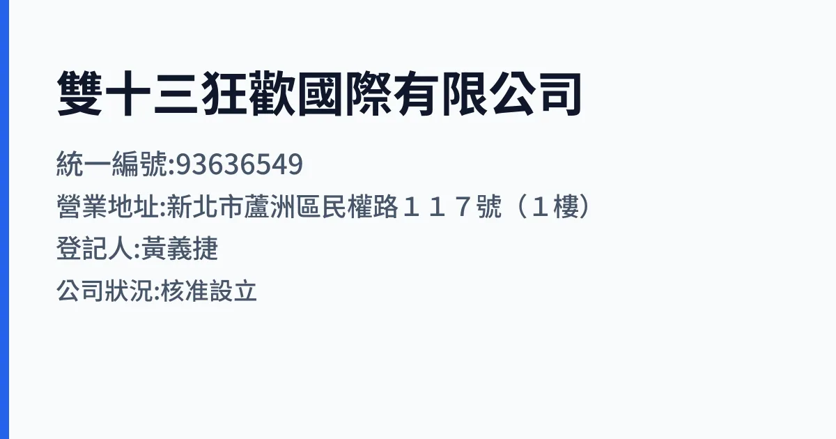 雙十三狂歡國際有限公司 - 統編 93636549(新北市) 公司登記資料與營業項目詳細圖表
