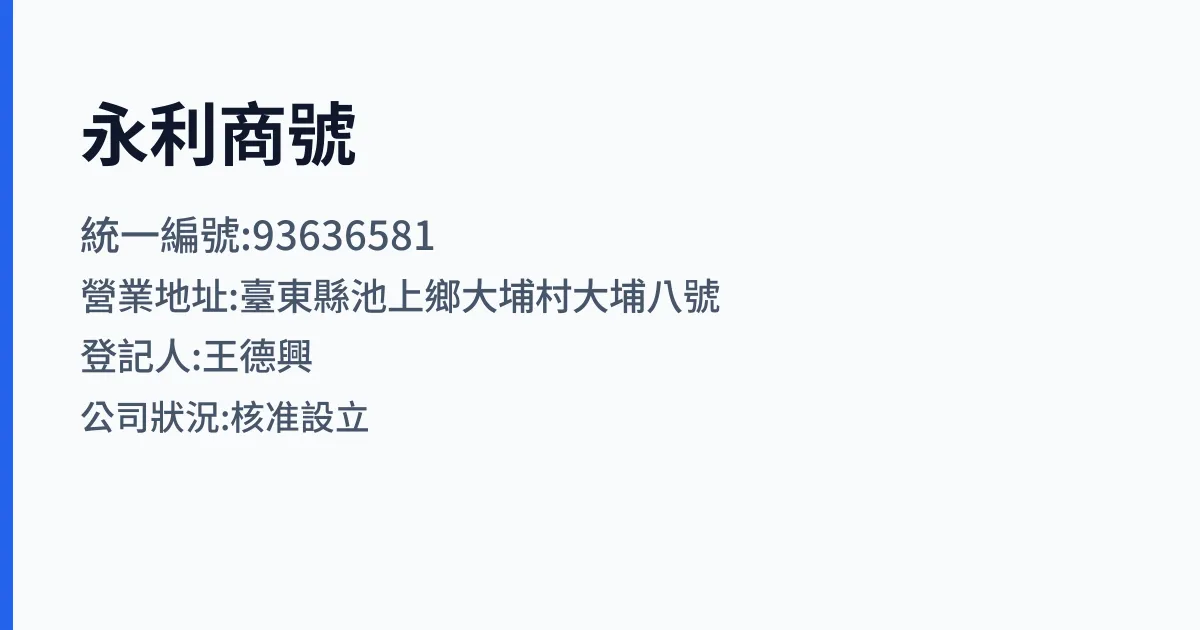 永利商號 - 統編 93636581(臺東縣) 公司登記資料與營業項目詳細圖表