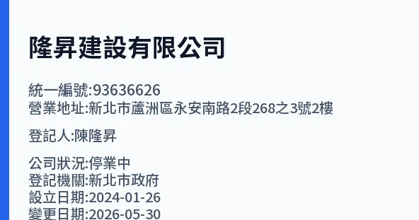 隆昇建設有限公司的照片-統編 93636626(新北市) 公司登記資料與營業項目詳細圖表