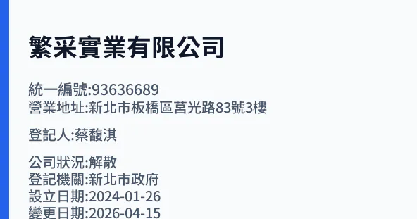 繁采實業有限公司的照片-統編 93636689(新北市) 公司登記資料與營業項目詳細圖表