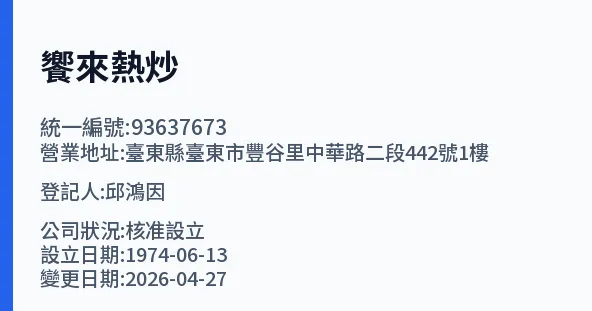 饗來熱炒的照片-統編 93637673(臺東縣) 公司登記資料與營業項目詳細圖表