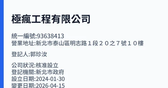 極瘋工程有限公司的照片-統編 93638413(新北市) 公司登記資料與營業項目詳細圖表
