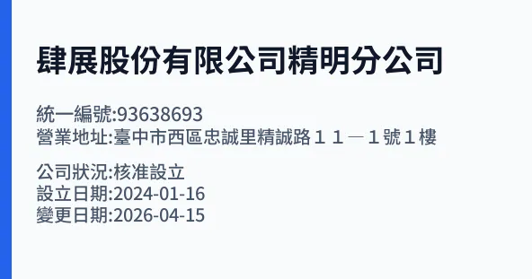肆展股份有限公司精明分公司的照片-統編 93638693(臺中市) 公司登記資料與營業項目詳細圖表