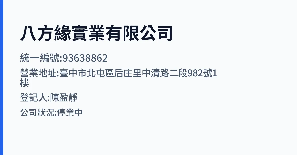 八方緣實業有限公司 - 統編 93638862(臺中市) 公司登記資料與營業項目詳細圖表