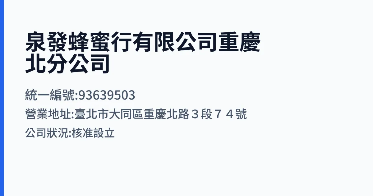 泉發蜂蜜行有限公司重慶北分公司 - 統編 93639503（臺北市） 公司登記資料與營業項目詳細圖表