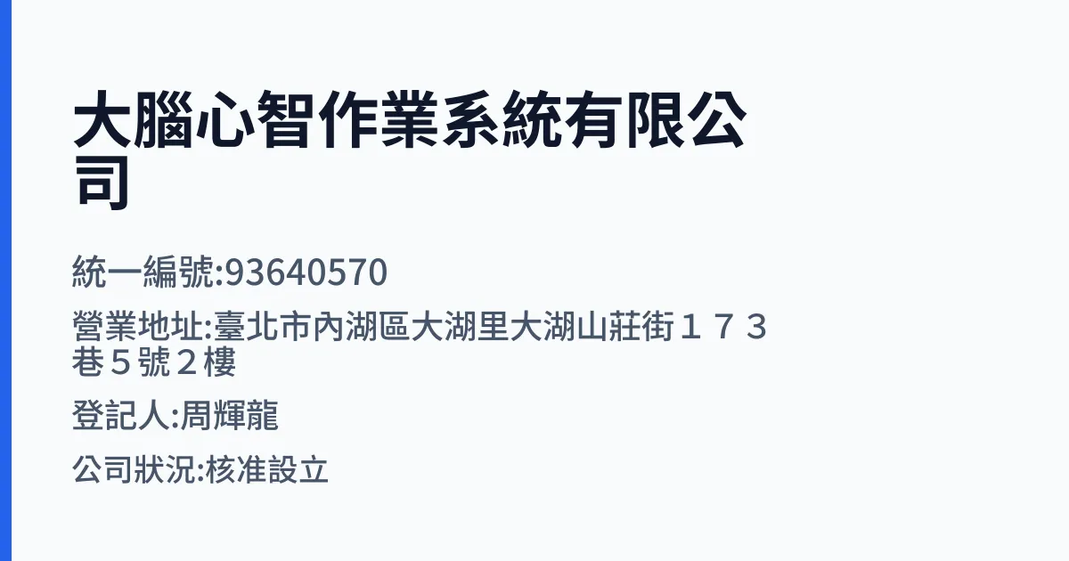 大腦心智作業系統有限公司 - 統編 93640570(臺北市) 公司登記資料與營業項目詳細圖表