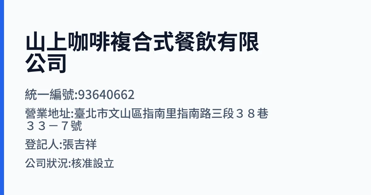 山上咖啡複合式餐飲有限公司 - 統編 93640662(臺北市) 公司登記資料與營業項目詳細圖表