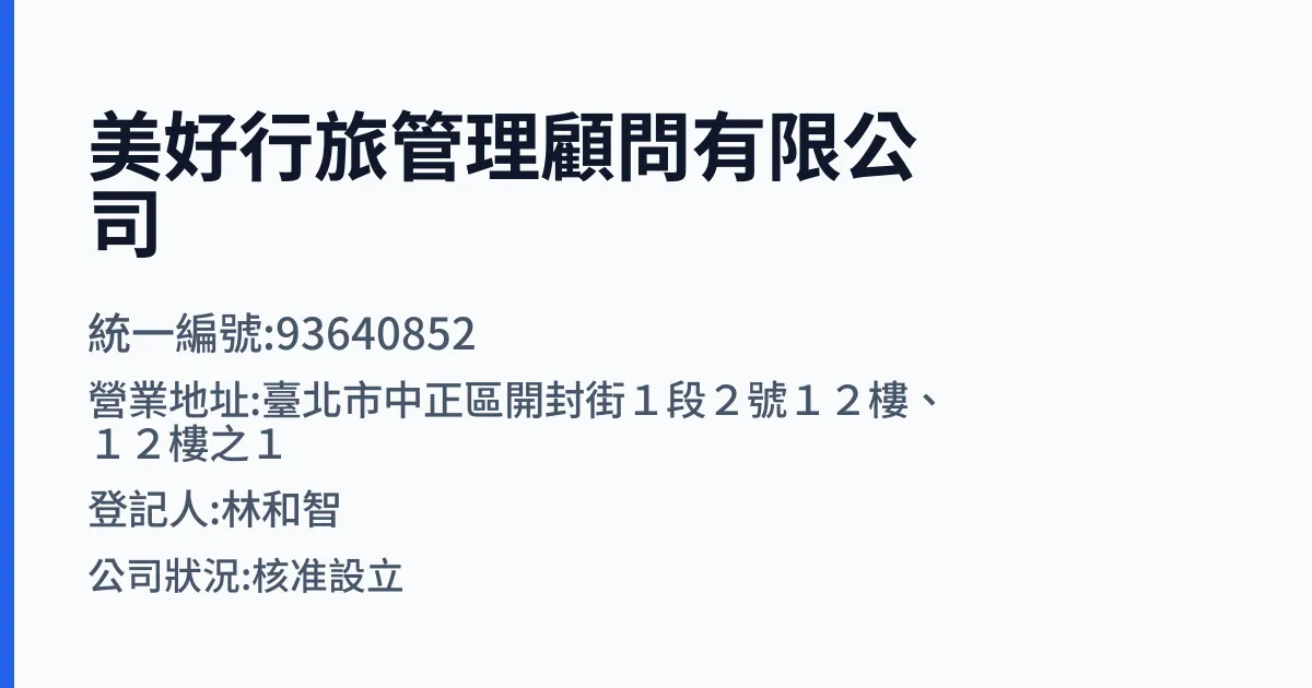 美好行旅管理顧問有限公司 - 統編 93640852(臺北市) 公司登記資料與營業項目詳細圖表