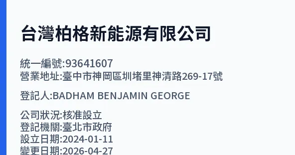 台灣柏格新能源有限公司的照片-統編 93641607(臺中市) 公司登記資料與營業項目詳細圖表