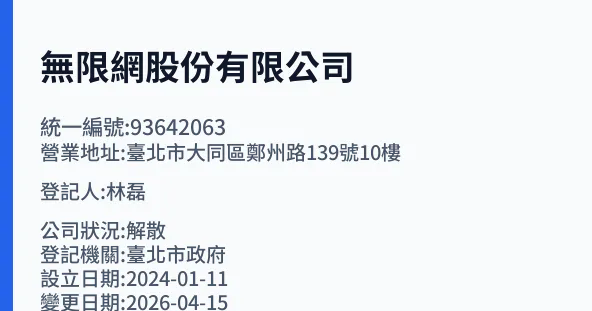 無限網股份有限公司的照片-統編 93642063(臺北市) 公司登記資料與營業項目詳細圖表