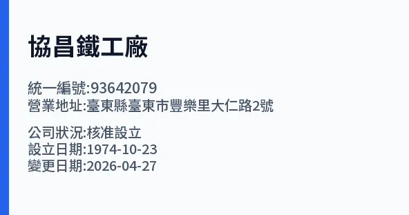 協昌鐵工廠的照片-統編 93642079(臺東縣) 公司登記資料與營業項目詳細圖表