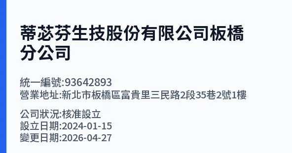 蒂苾芬生技股份有限公司板橋分公司的照片-統編 93642893(新北市) 公司登記資料與營業項目詳細圖表
