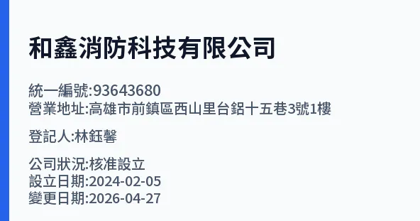 和鑫消防科技有限公司的照片-統編 93643680(高雄市) 公司登記資料與營業項目詳細圖表