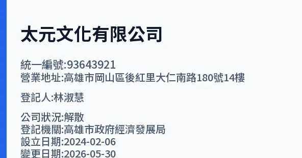 太元文化有限公司的照片-統編 93643921(高雄市) 公司登記資料與營業項目詳細圖表