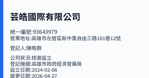 芸皓國際有限公司的照片-統編 93643979(高雄市) 公司登記資料與營業項目詳細圖表