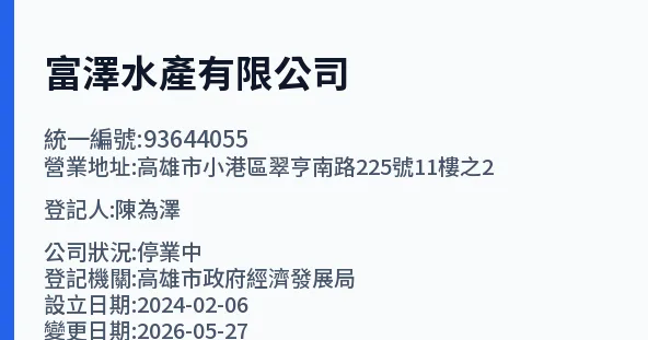 富澤水產有限公司的照片-統編 93644055(高雄市) 公司登記資料與營業項目詳細圖表