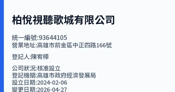 柏悅視聽歌城有限公司的照片-統編 93644105(高雄市) 公司登記資料與營業項目詳細圖表