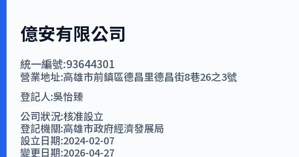 億安有限公司的照片-統編 93644301(高雄市) 公司登記資料與營業項目詳細圖表