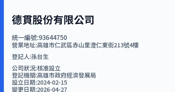 德貫股份有限公司的照片-統編 93644750(高雄市) 公司登記資料與營業項目詳細圖表