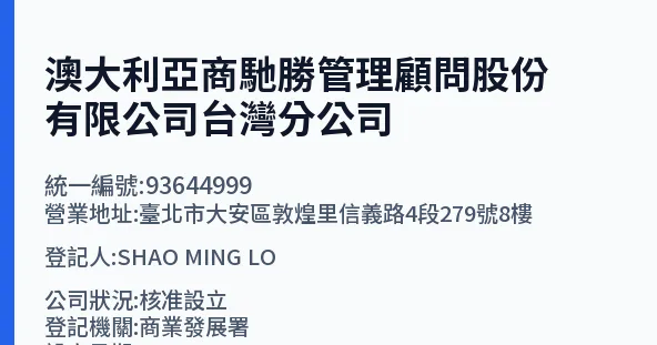 澳大利亞商馳勝管理顧問股份有限公司台灣分公司的照片-統編 93644999(臺北市) 公司登記資料與營業項目詳細圖表