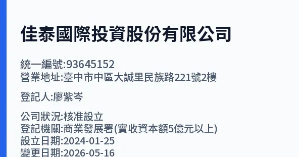 佳泰國際投資股份有限公司的照片-統編 93645152(臺中市) 公司登記資料與營業項目詳細圖表