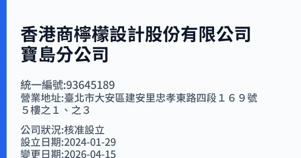 香港商檸檬設計股份有限公司寶島分公司的照片-統編 93645189(臺北市) 公司登記資料與營業項目詳細圖表