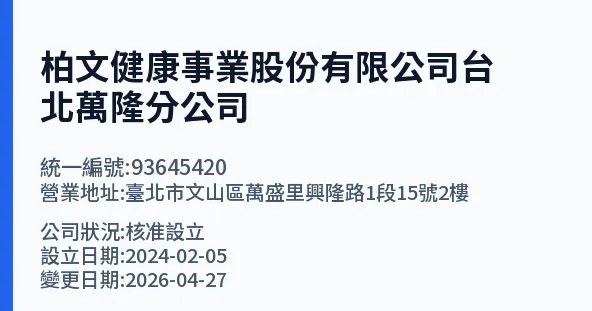 柏文健康事業股份有限公司台北萬隆分公司的照片-統編 93645420(臺北市) 公司登記資料與營業項目詳細圖表
