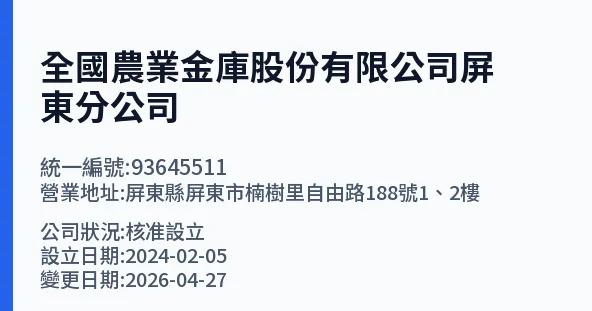 全國農業金庫股份有限公司屏東分公司的照片-統編 93645511(屏東縣) 公司登記資料與營業項目詳細圖表