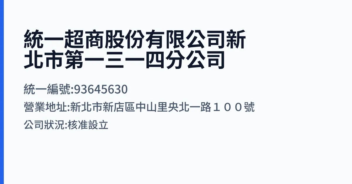 統一超商股份有限公司新北市第一三一四分公司 - 統編 93645630(新北市) 公司登記資料與營業項目詳細圖表