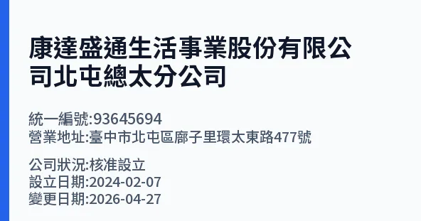 康達盛通生活事業股份有限公司北屯總太分公司的照片-統編 93645694(臺中市) 公司登記資料與營業項目詳細圖表