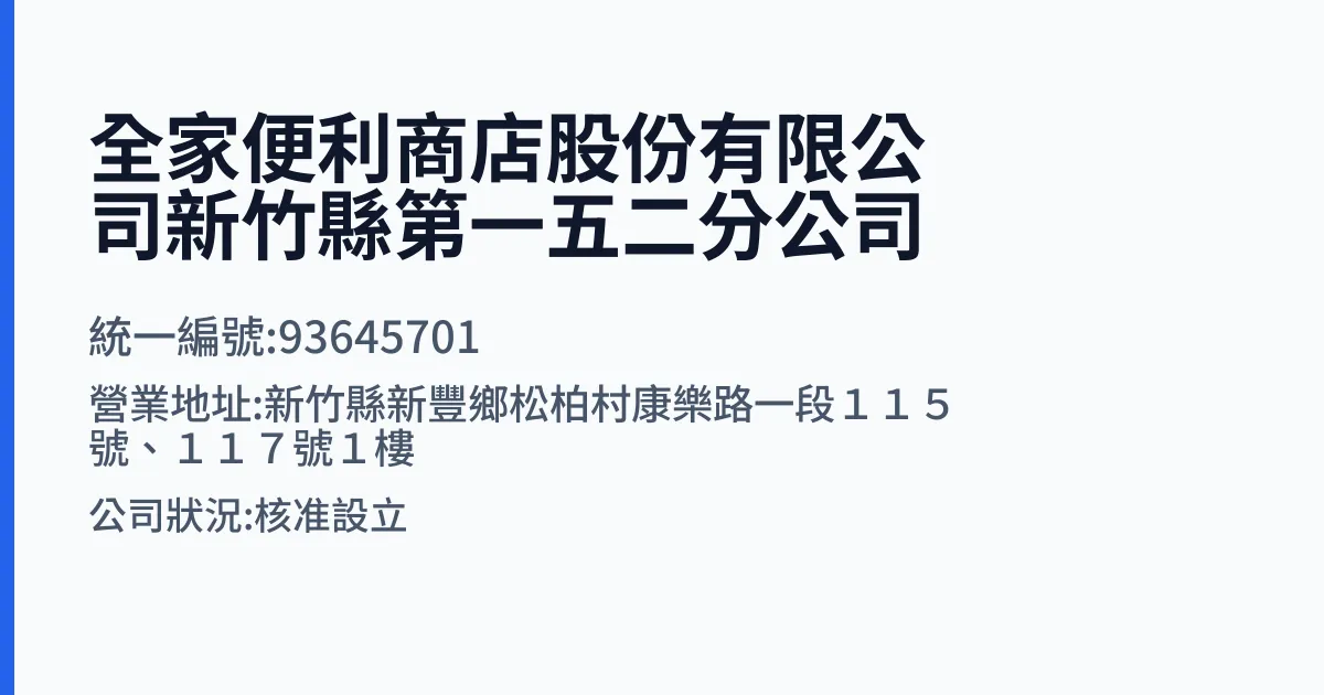 全家便利商店股份有限公司新竹縣第一五二分公司 - 統編 93645701(新竹縣) 公司登記資料與營業項目詳細圖表