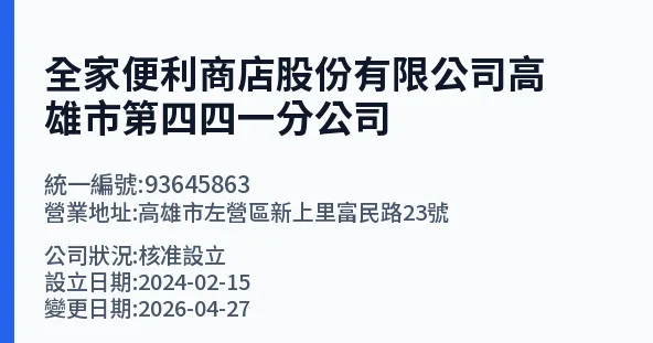 全家便利商店股份有限公司高雄市第四四一分公司的照片-統編 93645863(高雄市) 公司登記資料與營業項目詳細圖表