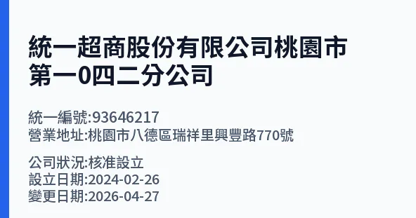 統一超商股份有限公司桃園市第一0四二分公司的照片-統編 93646217(桃園市) 公司登記資料與營業項目詳細圖表