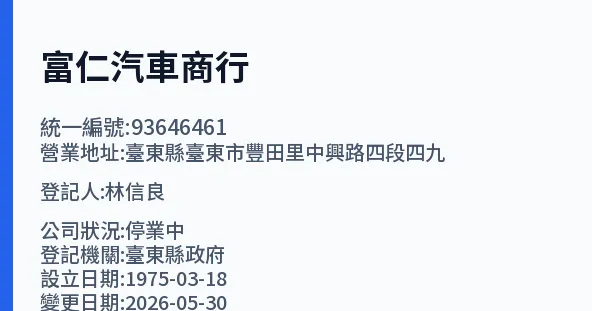 富仁汽車商行的照片-統編 93646461(臺東縣) 公司登記資料與營業項目詳細圖表