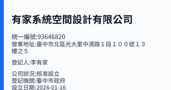 有家系統空間設計有限公司的照片-統編 93646820(臺中市) 公司登記資料與營業項目詳細圖表