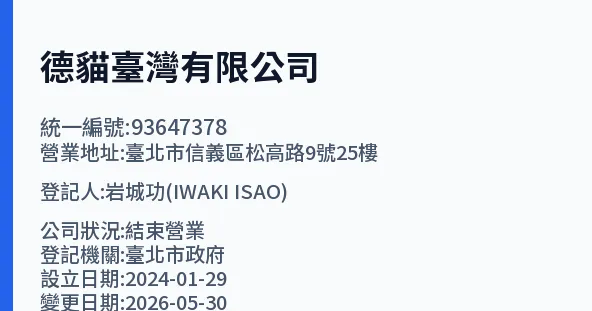 德貓臺灣有限公司的照片-統編 93647378(臺北市) 公司登記資料與營業項目詳細圖表