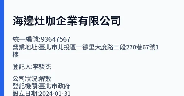 海邊灶咖企業有限公司的照片-統編 93647567(臺北市) 公司登記資料與營業項目詳細圖表