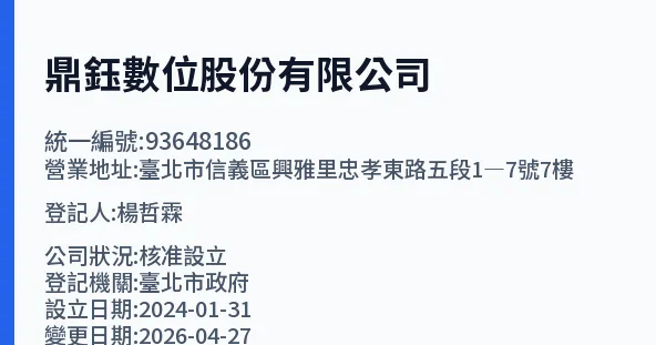 鼎鈺數位股份有限公司的照片-統編 93648186(臺北市) 公司登記資料與營業項目詳細圖表