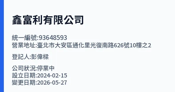 鑫富利有限公司的照片-統編 93648593(臺北市) 公司登記資料與營業項目詳細圖表