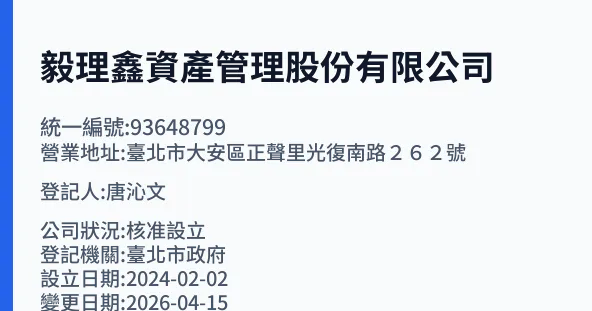 毅理鑫資產管理股份有限公司的照片-統編 93648799(臺北市) 公司登記資料與營業項目詳細圖表